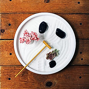 Nature's Mark Mini Zen Garden Kit for Desk with Rake, White Sand, Lotus Figures, White Round Base, Black River Rocks and Mini Blossom Tree (8Lx8W Round B)