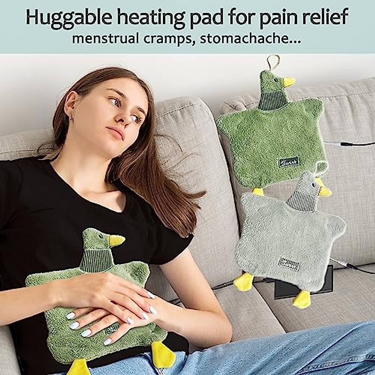 CRIMMY Heating Pad for Period Menstrual Cramps Pain Relife, Cute Small Portable Heat Pads for Travel, Mini Stuffed Animal USB Electric Hot Pack for Back Neck Eyes Hands … (Grey Duck)