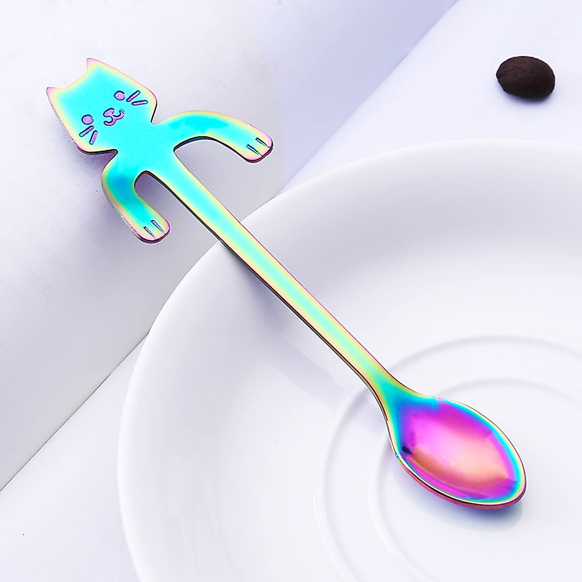 Cat Spoon Coffee Tea Spoon Set, ESRISE Stainless Steel Hanging Cup Teaspoons Demitasse Mini Long Cute Kitten Stirring Spoon for Dessert Drink Mixing Milkshake (Multicolor)
