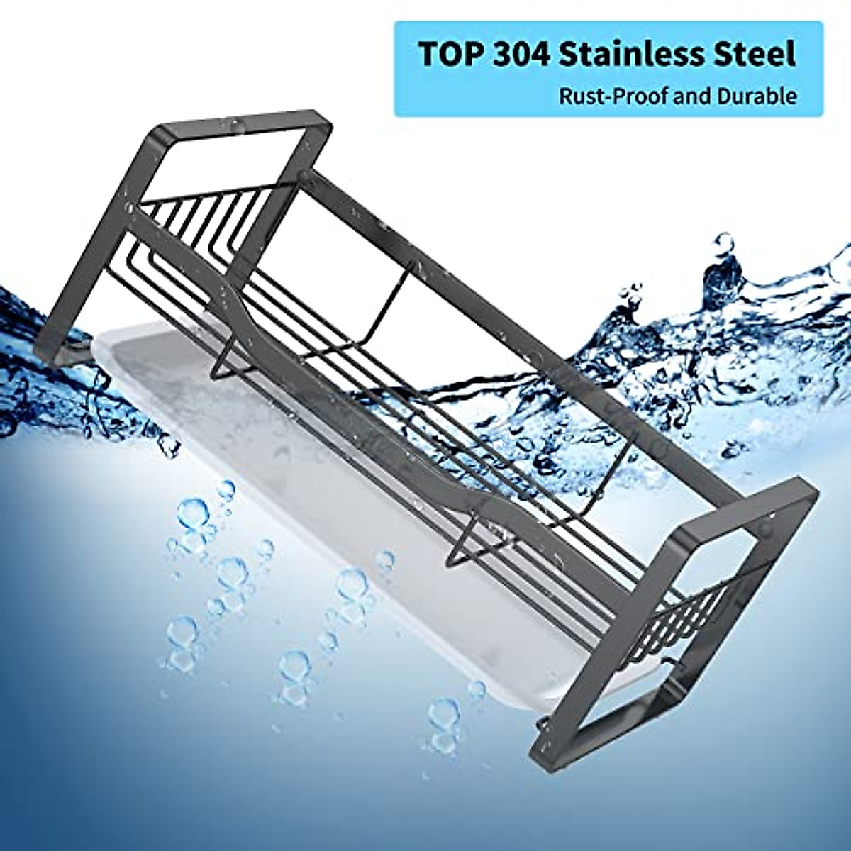 Cade Sink Caddy, Sponge Holder for Kitchen Sink, 304 Stainless Steel, Large Capacity Kitchen Sink Organizer Soap Brush Dispenser, Countertop with Removable Drain Tray (Black)