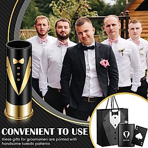 Set of 6 Groomsmen Gifts, 6 Pcs 8oz Stainless Steel Tuxedo Flask 6 Pcs Groomsmen Gauge Glasses with 6 Pcs Poker Bottle Cap Opener 6 Pcs 7.5 x 3.5 Inch Groomsmen Gift Bags for Wedding Bachelor Party