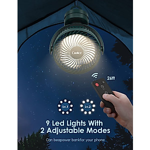 Camping Fan with Remote Control - 65Hrs 12000mAh Rechargeable Fan, 3 Speeds & Timing Battery Powered Fan with Light & Hook, Tent Fan for Camping, Camp Fan for Tent, Battery Operated Fan, Green