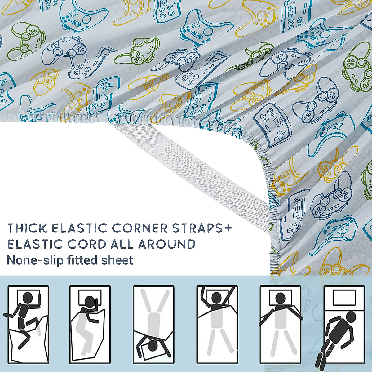 Viviland Kids Twin Sheet Set - Boys Game Twin Sheet Set - Kids Boys Twin Microfiber Fitted Sheet (15" deep Pocket) Flat Sheet - Light Grey Game Paddle Controller Printed