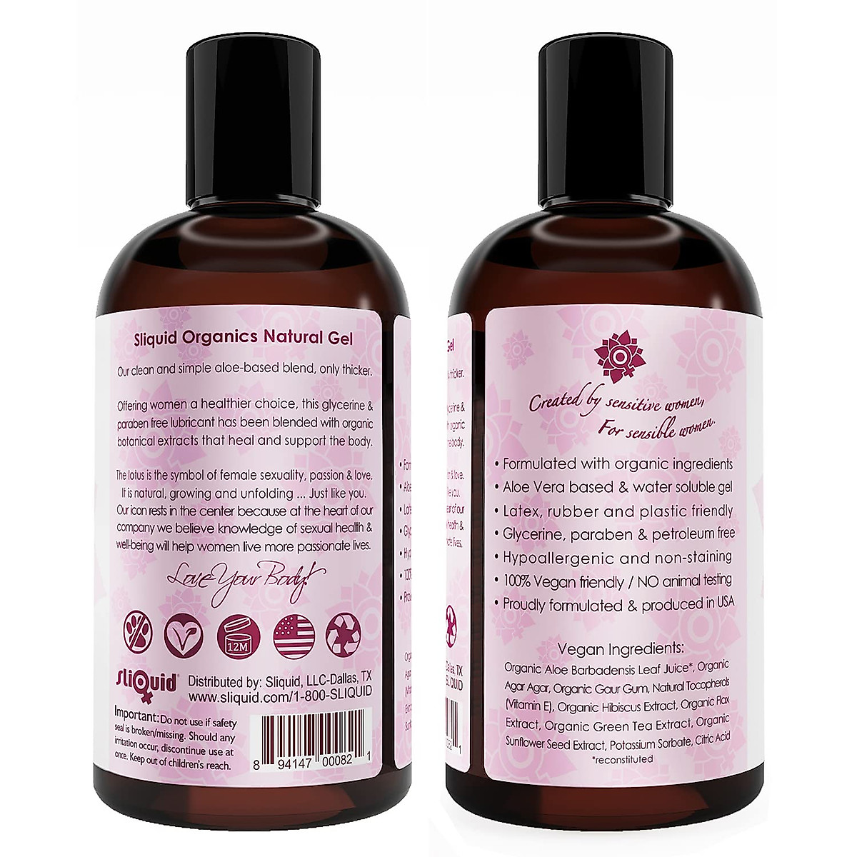 Sliquid Organics Water-Based Lube - Aloe Vera Leaf Infused with Organic Oils & Botanicals, Natural Lubricating Gel for Women/Men/Couples, Unscented, 8.5 Fl Oz