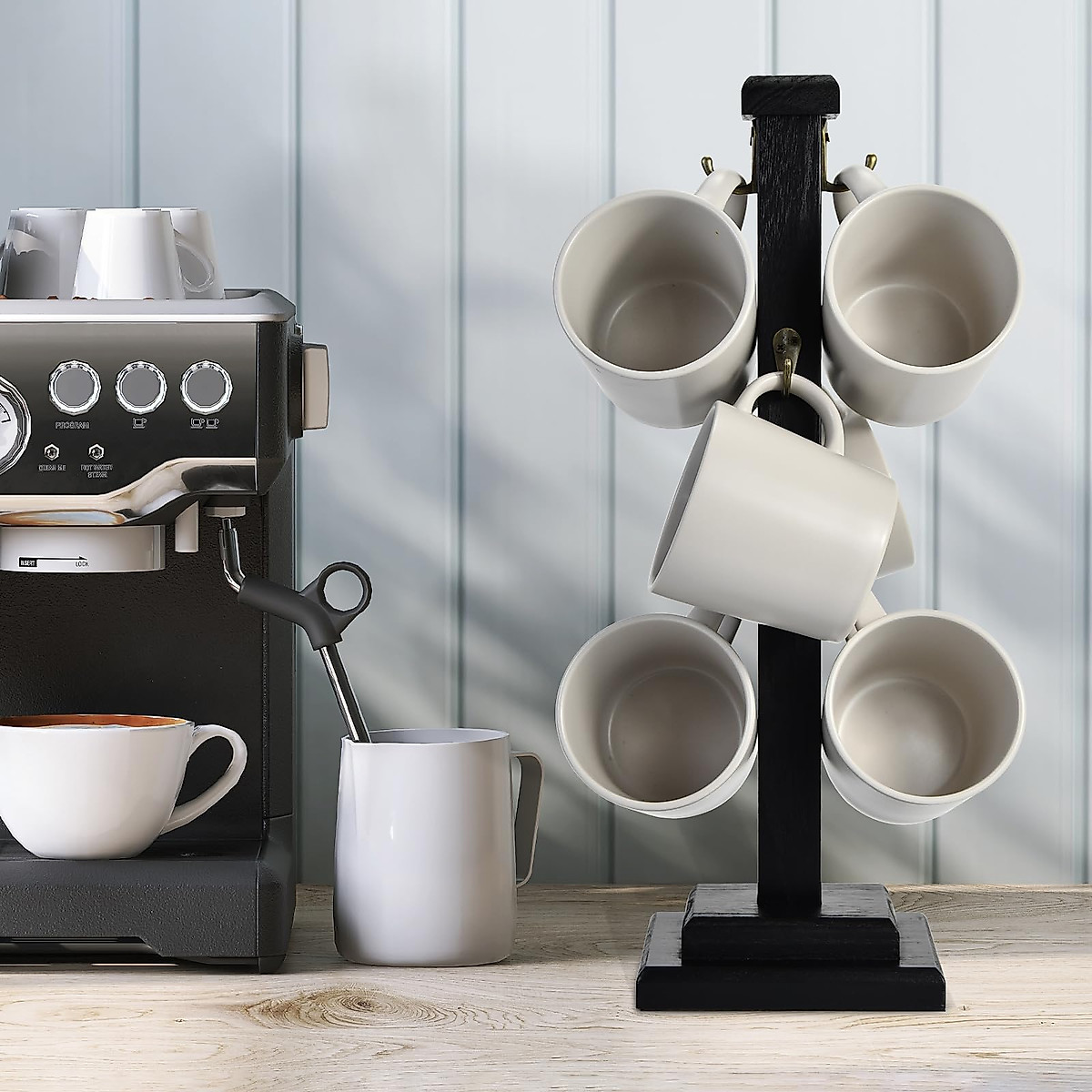 EMASON Rustic Coffee Mug Tree Stand, Solid Wood Holder for 6 Mugs, Space-Saving Kitchen Organizer, Stylish and Sturdy Cup Display Rack, Black