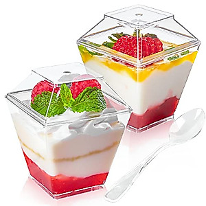 Qeirudu 50 Pack 3.5 oz Mini Dessert Cups with Lids and Spoons - Parfait Cups with Lids Plastic Square Shooter Cups for Party Appetizers Pudding Mousse Triffle