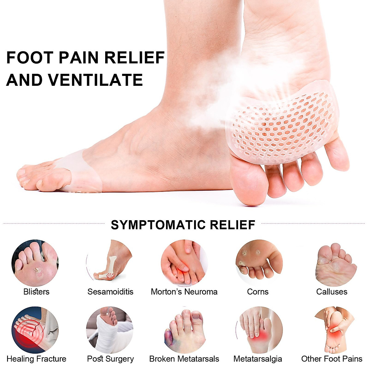 Metatarsal Pads Women Men 6 Pack, Reusable Gel Ball of Foot Cushion for Women High Heels, Foot Pads for Pain Relief for Shoes Pads, Bunion Forefoot Pads, Foot Cushion for Ball of Feet