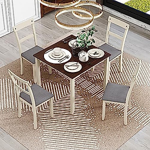 Goozio 5-Piece Kitchen Set with Wood Table and 4 Padded Chairs for Dining Room, Brown+Cottage White