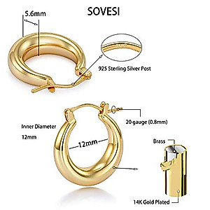 sovesi Chunky Gold Hoop Earrings for Women with 925 Sterling Silver Post, 14K Gold Plated Small Hoop Earrings for Women 18mm