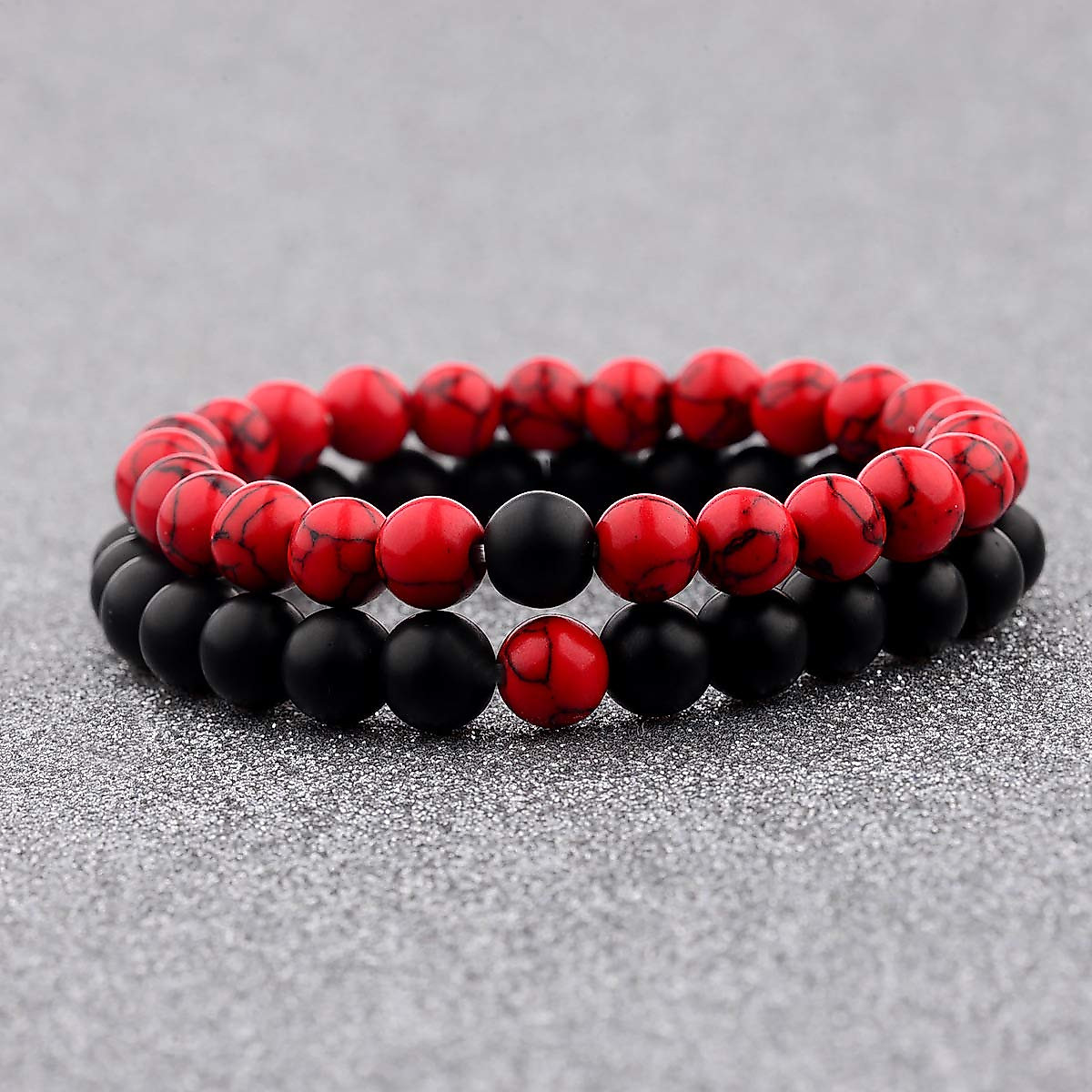 LeZisuIre CNLQ Long Distance Bracelets For Lovers Couples Matching Gift Matte Agate 8mm Bead Stone (Elastic Red) (Elastic Red)