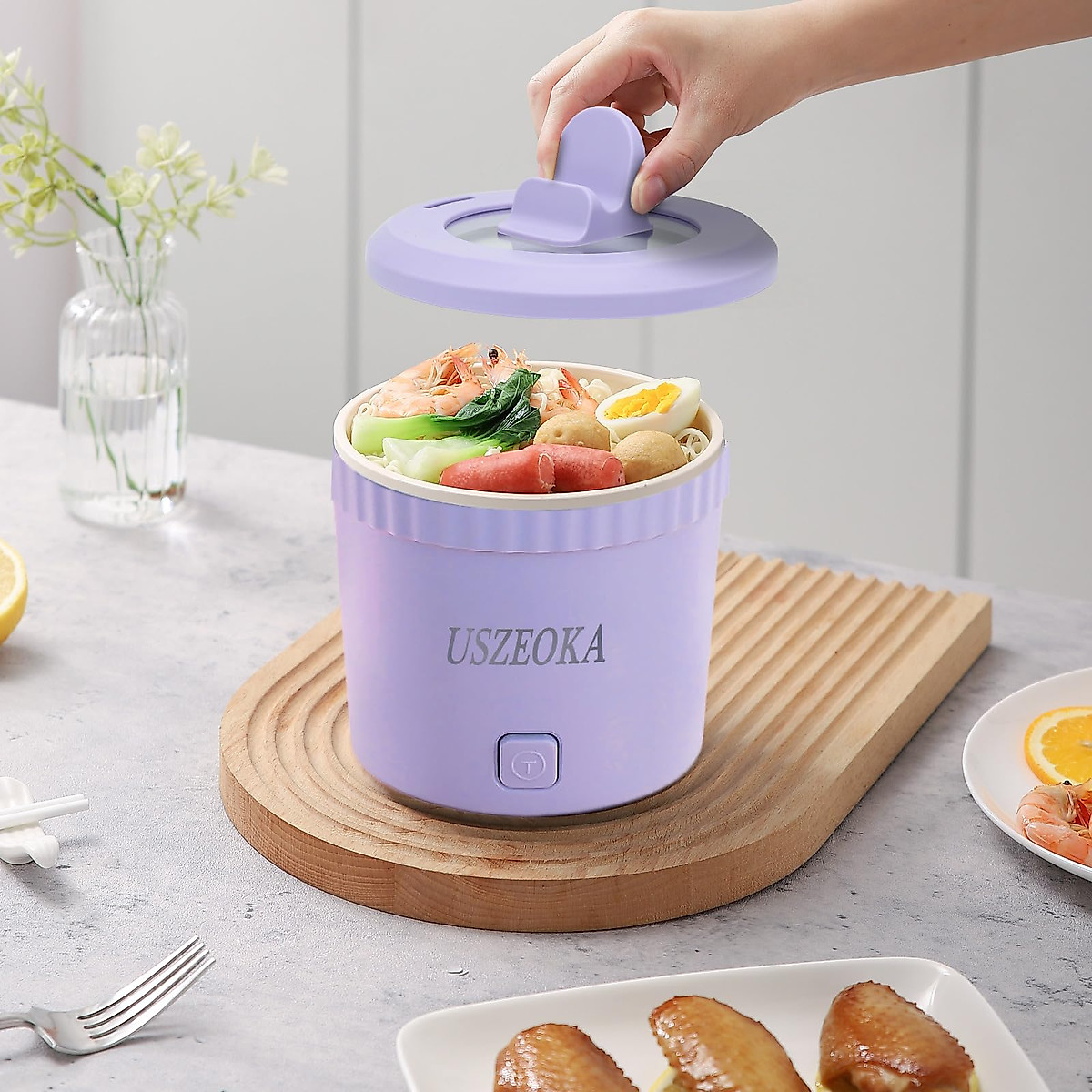 Uszeoka Ramen Cooker, Mini Electric Pot 1L, 450W Electric Hot Pot Electric Cooker, Portable Pot Noodle Cooker for Pasta Steak Egg with Over-Heating Protection, Dorm Room Cooking Appliances, Purple