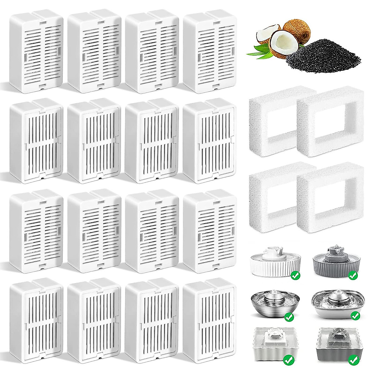 16 Pack Replacement Filters for 360° CupCake Ceramic Pet Fountain, GISOFIK Cat Water Fountain Filters, Triple Filtration Pet Fountain Filter, Ceramic Cat Fountain Filters with 4 Foam Filters