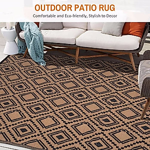 Outdoor Rugs for Patio Clearance - 5'x8' Waterproof Reversible Indoor Outdoor Rug Carpet, Portable Plastic Straw Rug for RV Camping, Picnic, Beach, Porch, Deck(Rug001#,Black&Brown)