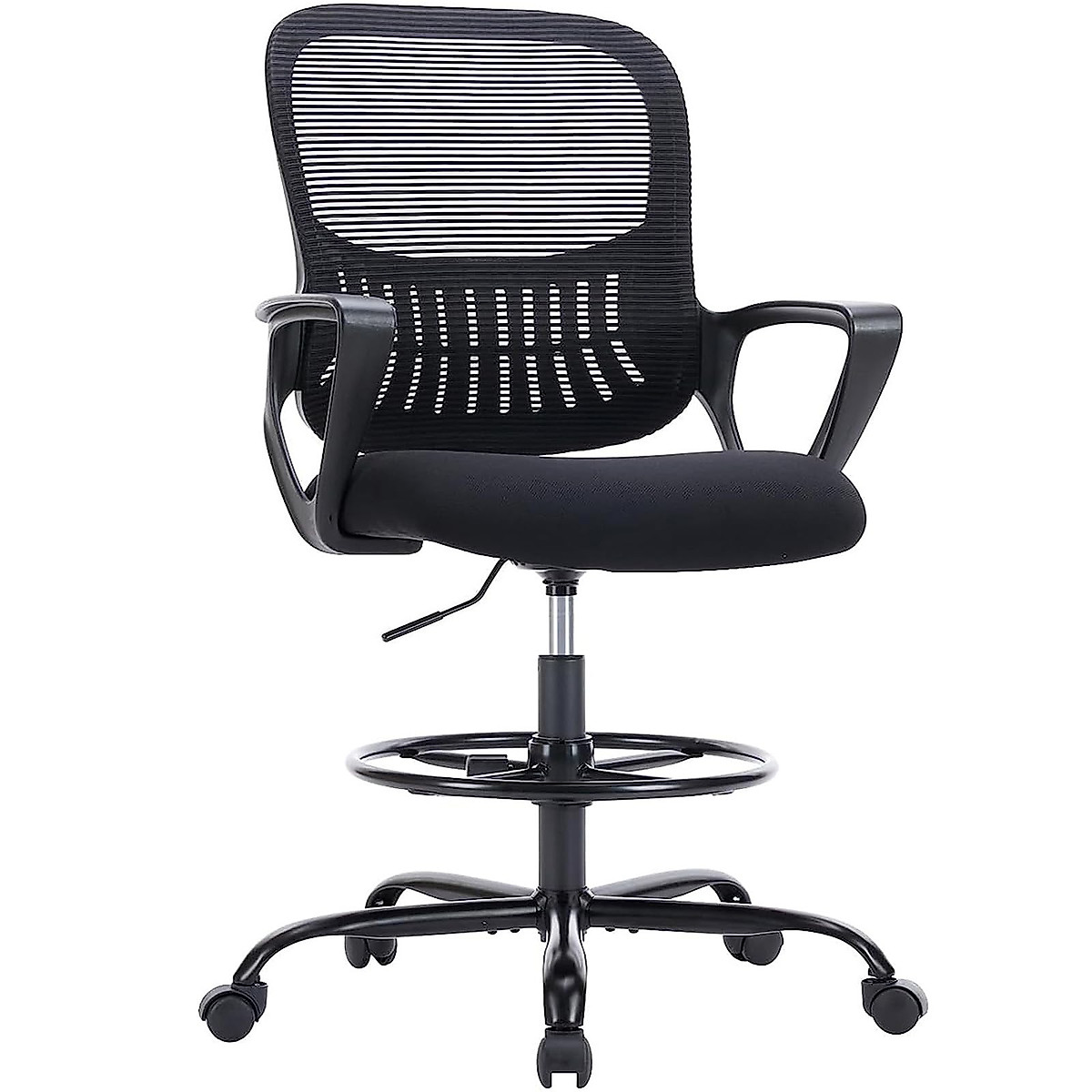 MCQ Drafting Chair with Fixed Armrests and Foot-Ring, Tall Office Chair for Standing Desk Adjustable Height Office Desk Chair for Home Office, Breathable Mesh Swivel Rolling Tall Chair Black