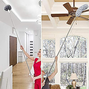 Uwilowe Microfiber Duster with Extension Pole 30 to 100"(Stainless Steel), Ceiling Fan Duster with 2 Replacement Cleaning Heads, Extendable Long Dusters for Cleaning Furniture, Vents, Car