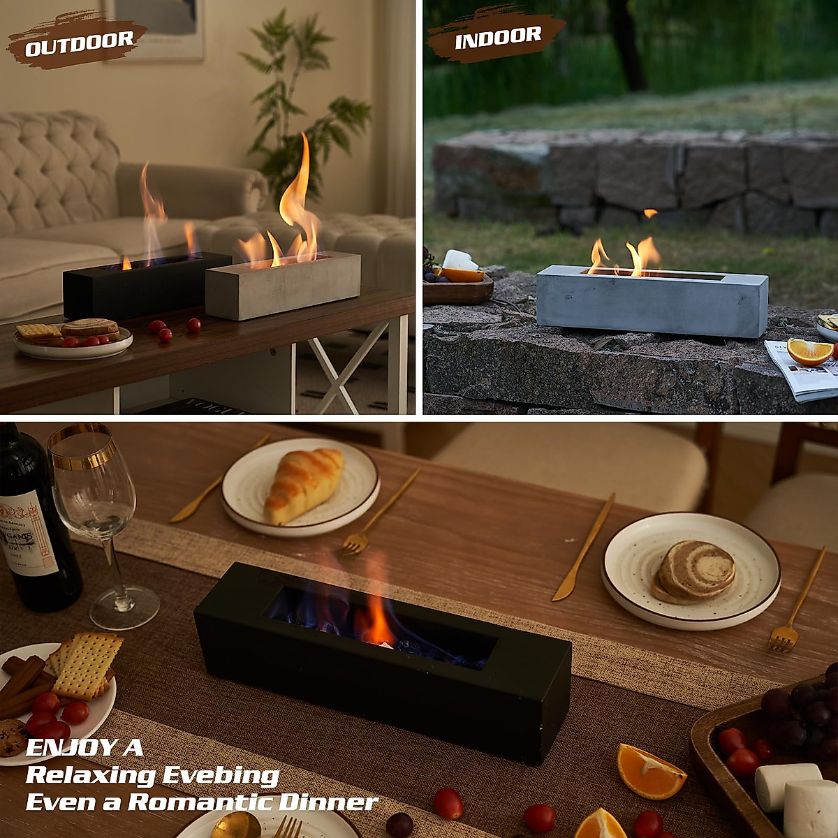 BRIAN & DANY Tabletop Fire Pit, Concrete Table Top Firepit for Indoor & Outdoor, Rectangle Ethanol Tabletop Fireplace, 14.9" x 3.3" x 3.3"