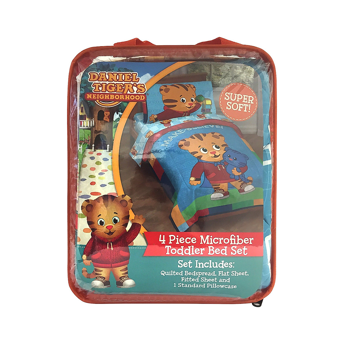 Daniel Tiger's Neighborhood Tiger Trolley 4 Piece Toddler Bed Set – Includes Comforter & Sheet Set Bedding - Super Soft Fade Resistant Microfiber (Official Daniel Tiger's Neighborhood Product)