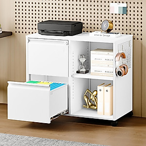 LISSIMO Metal File Cabinet,Lockable Lateral Filing Cabinet for Letter/A4 Size Files,Rolling Printer Stand with Adjustable Shelf & Lockable Wheelss for Home Office(White)