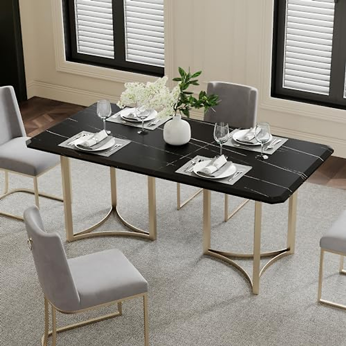 Maotifeys Modern Marble Dining Table,71" Rectangle Black Faux Marble Top Dining Table with Brushed Metal Pedestal Base,Kitchen Table for 6-8 Person Dinner Table for Dining Room,Living Room,Home Office