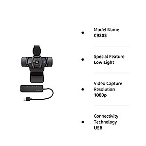 Logitech C920S HD Pro Webcam with Privacy Shutter Bundle with 4-Port 3.0 USB Hub (2 Items)