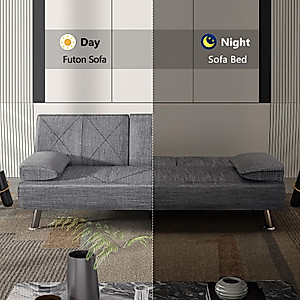 VECELO Modern Convertible Folding Futon Sofa Bed with Removable Armrests, Breathable Linen Recliner Couch for Living Room/Apartment Lounge, 2 Cup Holders, Drak Grey