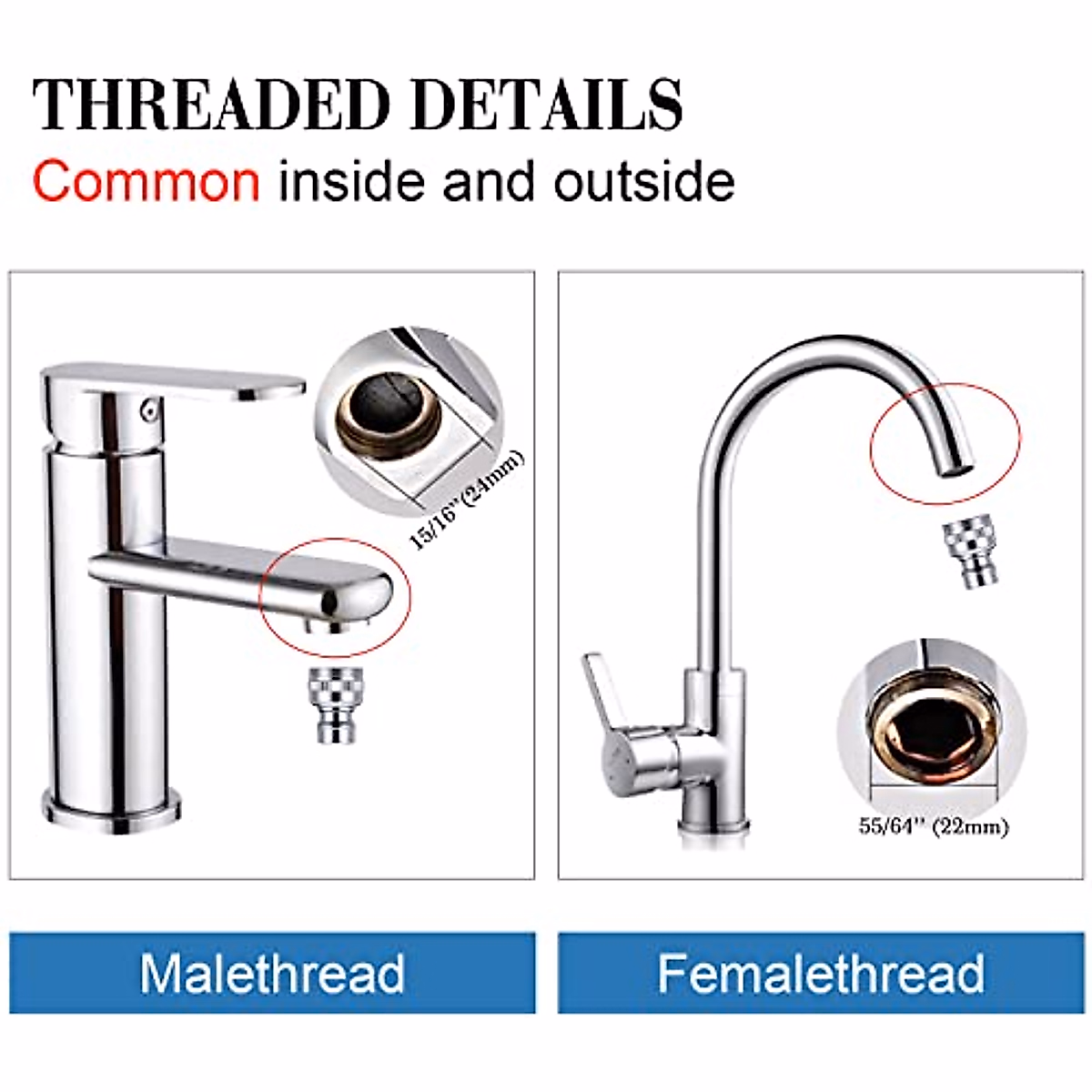 Dreyoo 2 Pcs Dishwasher Faucet Adapter, Dishwasher Snap Adapter Connection 15/16-27Male or 55/64-27Famale Chrome (No Filter)