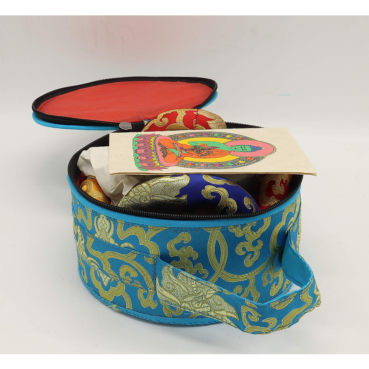 Singing Bowl Set of 7, Thadobati Design Himalayan Sound Bowl, Handcrafted, Hand hammered, Comes w/silk cushions, 3 sticks, Buddhist card, Brocade Box Ideal for Meditation, Yoga, Mindfulness Healing