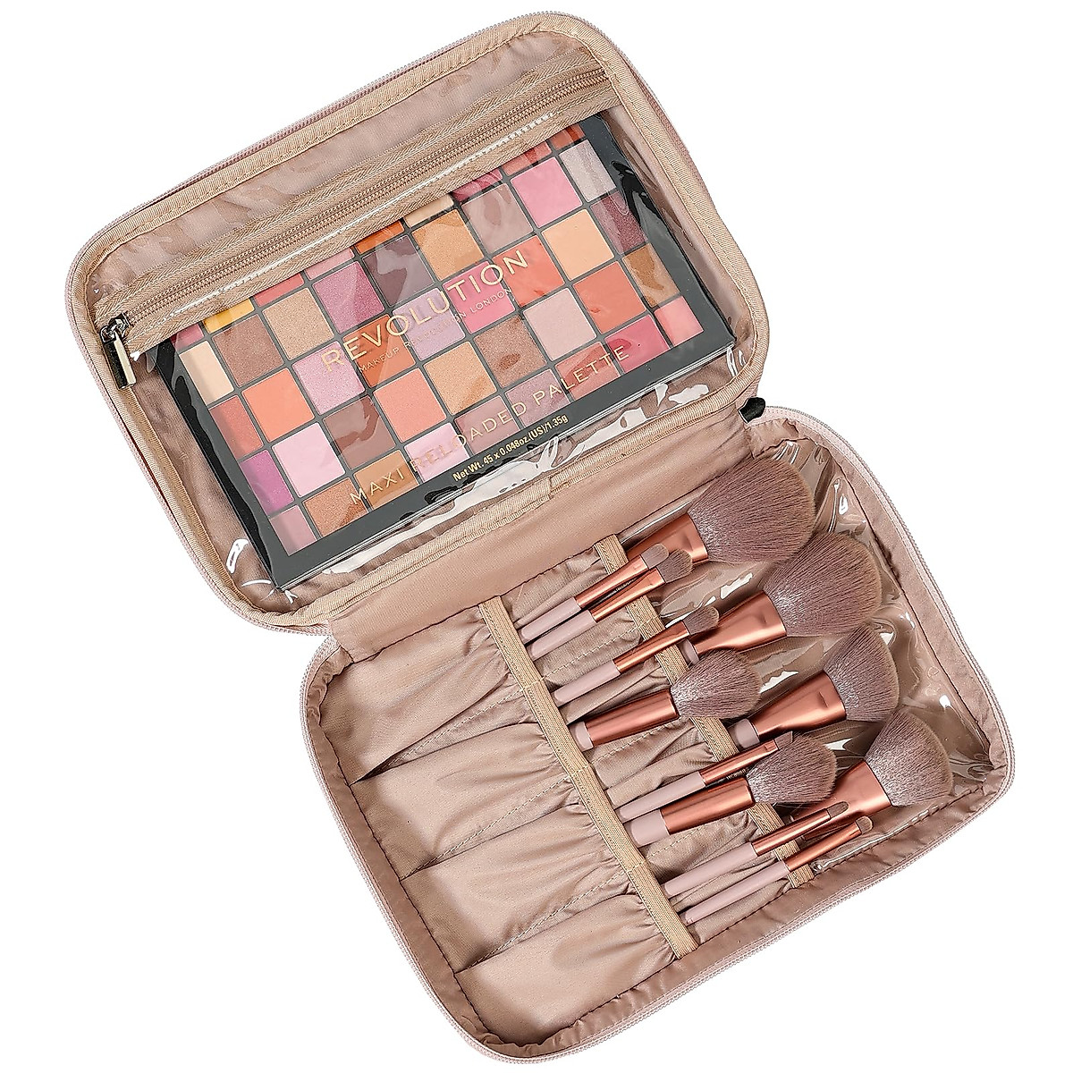 NISHEL Large Double Layer Travel Makeup Bag Women, Cosmetic Case, Organizer for Travel-Size Accessories Bottles, Brushes, Conditioner, and Skin Care Products, Pink