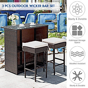 DORTALA 3 Pieces Rattan Patio Bar Table & Stool Set, Patio Furniture Set for Lawn Pool BackyardFront Porch, Dining Set w/Cushion, Beige