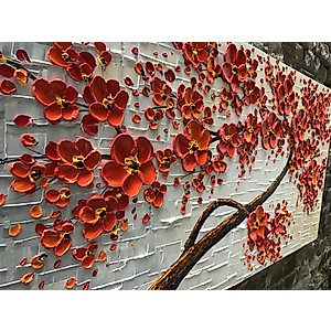 YaSheng Art - hand-painted Oil Painting On Canvas Texture Palette Knife Red Flowers Paintings Modern Home Decor Wall Art Painting Colorful 3D Flowers Tree Paintings Ready to hang 24x48inch