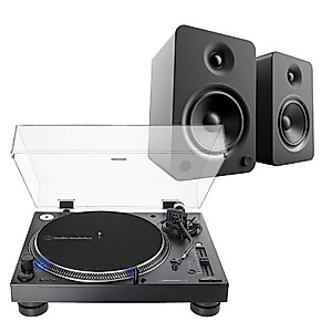 Audio Technica AT-LP140XP Direct-Drive Wired DJ Turntable Bundle with Kanto YU6 Powered Wireless Bluetooth Speakers - Black, Matte Black