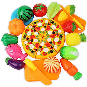 Cutting Play Food Set Kitchen Pretend - 40pcs Grocery Basket Toys Food for Kids Toddlers Girls Boys Educational Fake Fruits Vegetables Pizza Knife Dishes Playhouse Accessories Xmas Gifts