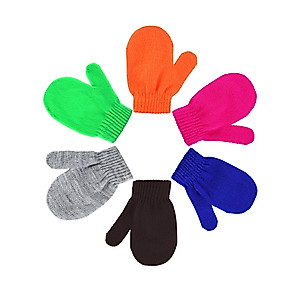 6 Pairs Winter Warm Knitted Mittens Gloves Stretch Mittens for Christmas Party Kids Toddler Supplies (Gray, Orange, Purple, Royal Blue, Blue, Rosy)