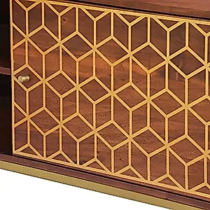 The Urban Port Kalyn 75-Inch Handcrafted TV Media Console Entertainment Center, 2 Doors, Center Shelf, Geometric Design Print, Brown Acacia Wood, Brass