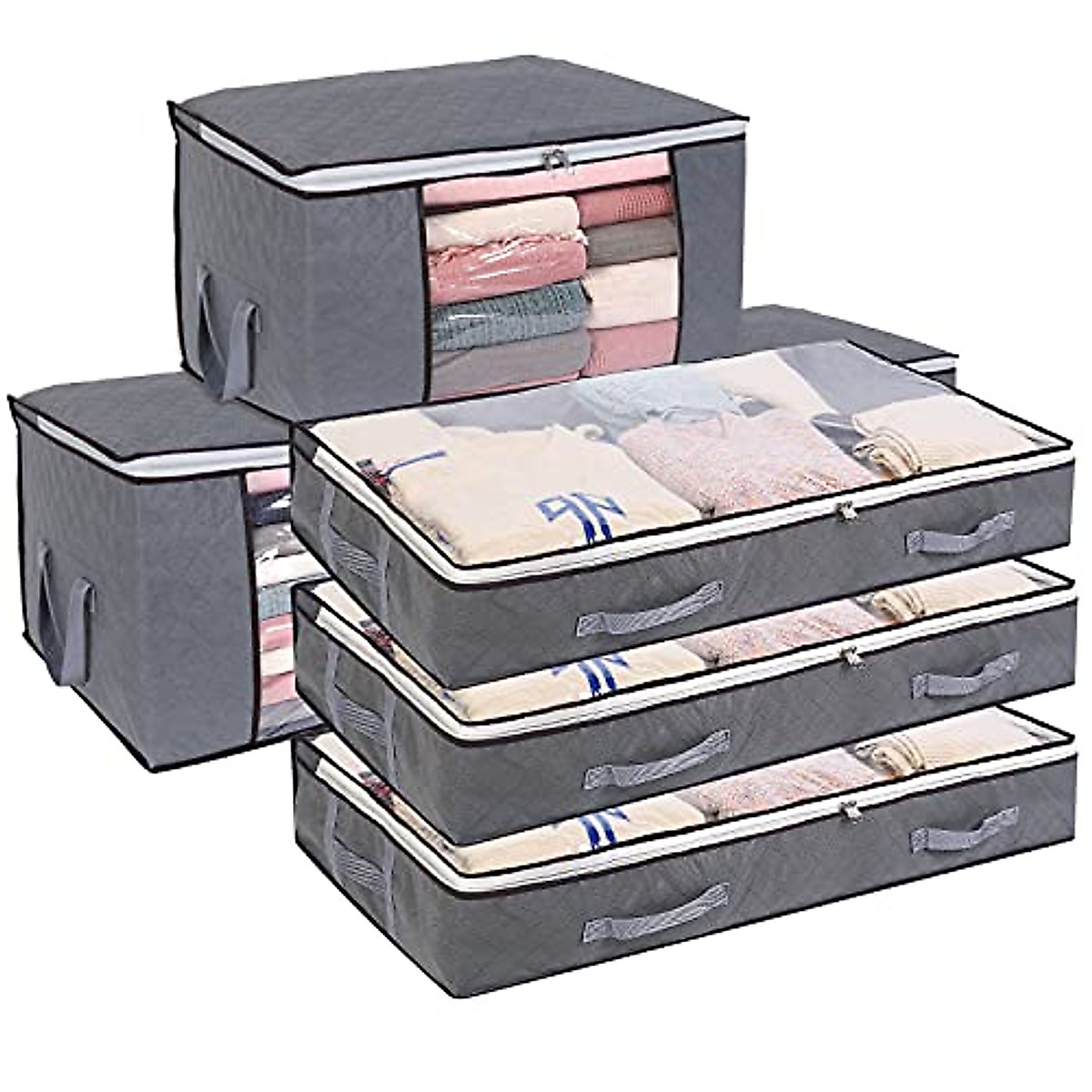 Vieshful 3 Pack 75L Underbed Storage Containers and 3 Pack 90L Clothes Storage Bags，Large Capacity Clothing Organizers for Bedding Blanket Comforter Quilt