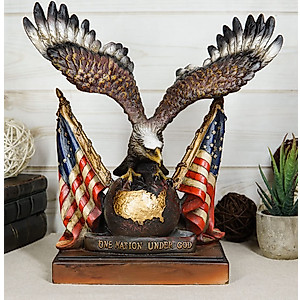 Ebros Gift Patriotic Wings of Glory Bald Eagle Resting On Globe with Map of America and 2 Star Spangled Banner Flags Figurine with Trophy Base One Nation Under God American Symbolic Statue