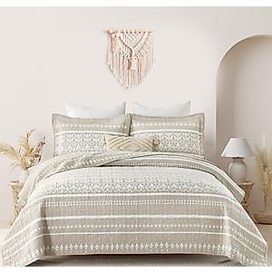 Toldlove Quilts Queen Size - Boho Quilt King 100% Cotton Oatmeal Bedding Set Bohemian Striped Bedspread Lightweight Rversible Comforter Coverlets All Season,Oatmeal/Begie White 3Pcs