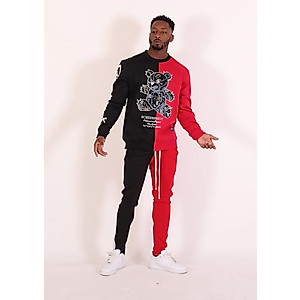 SCREENSHOT-H1113 Mens Urban Hip Hop Premium Fleece Hoodie - Shiny Black Bear Animation Cartoon Half Color Block Hooded Sweatshirt-Black/Red-3XLarge