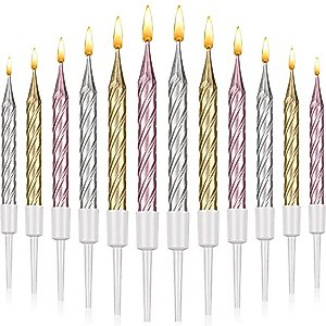 60 Pieces Gold Birthday Candles Spiral Cake Candles Metallic Cake Cupcake Candles Short Thin Birthday Candles with Holders for Birthday Wedding Party Cake Decorations (Gold, Silver, Rose Gold)