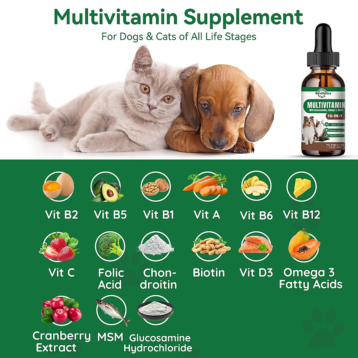 Dog Vitamins and Supplements - Dog Multivitamin Liquid Drops, 15 in 1 Pet Vitamins Supplement for Dogs & Cats - Support Joint, Gut, Immune, Digestion, Heart, Skin & Coat, 2 Fl Oz