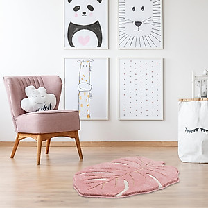 Beyond Deco Hand Tufted Monstera Pink leaf Rug 47x31 inches, non slip soft palm tree plant Area Rug, Anime non slip machine washable bath mats for shower