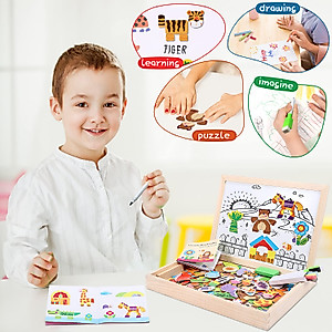 Lewo Wooden Educational Toys Magnetic Art Easel Animals Wooden Puzzles Games for Kids