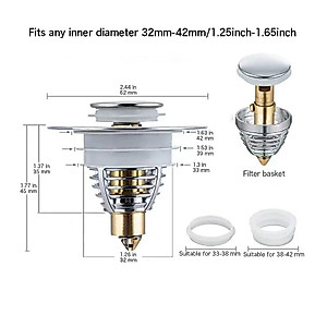 Fits Any 1.25” to 1.65” Wide tub Drain Stainless Steel Sink Cover, pop-up Universal Odor Resistant Sink Drain with Silicone Gasket, and Shower Cap with Anti Clogging Filter (LVZUI871)