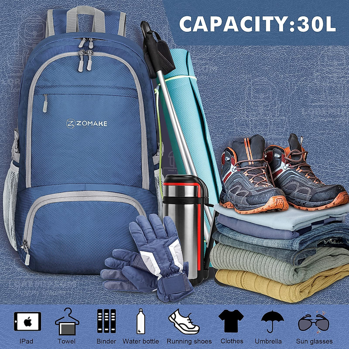 ZOMAKE Lightweight Packable Backpack 30L - Foldable Hiking Backpacks Water Resistant Compact Folding Daypack for Travel(Navy Blue)