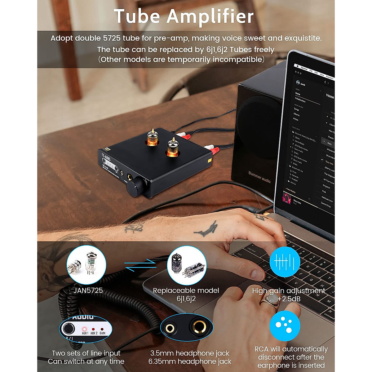FX-Audio Tube-02 Pro Tube Headphone Amplifier, Vacuum 5725 Tube Preamp, Mini Hi-Fi Integrated Stereo Class A amp Supports 32-600 ohms of Headphones, for Stereo Amplifier/Active Speaker