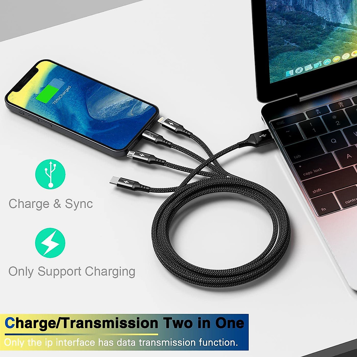 RULUS 4 in 1 Charging Cable [2Pack 4Ft], Fast Charging & Data Sync Multi Phone Charger Cable Nylon Braided USB Charging Cable with Lightning/Type C/Micro USB Port for iPhone,Samsung Tablets,Carplay