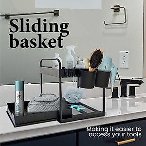 Hair Organizer , Hair Tools Organizer ABS Plastic with 2 Levels to Organize , Sliding Basket for Easy Access , Organizer for Straightener , Blow Dryer , Curler , Hair Care and Styling Tool Storage