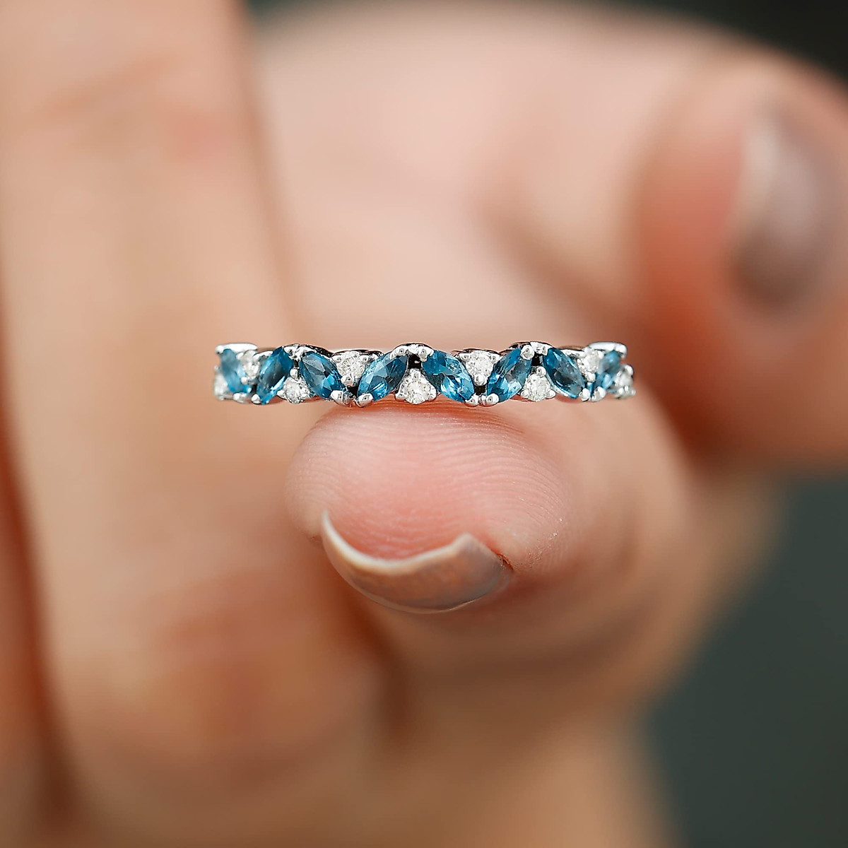 Rosec Jewels London Blue Topaz and Diamond Ring, Alternate Blue Topaz Semi Eternity Ring, 14K White Gold, Size:US 5.50