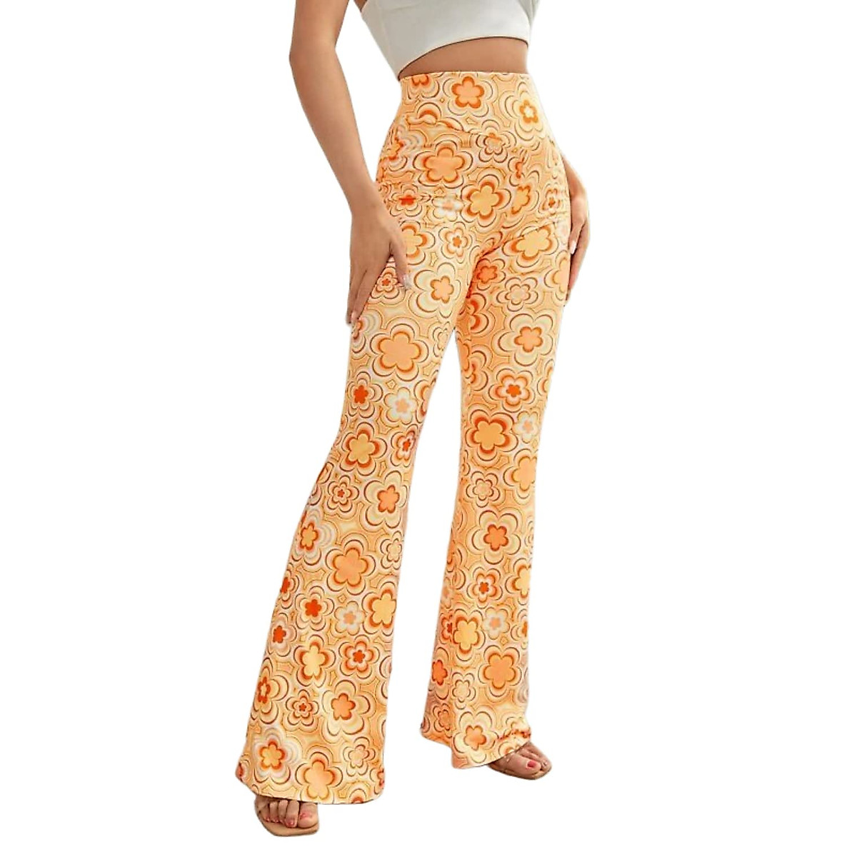 70s Flare Pants for Women - EDC Rave Festival Outfit High Waist Bell Bottom Boho Cute Groovy Disco Trousers(Orange, M, 1050e)
