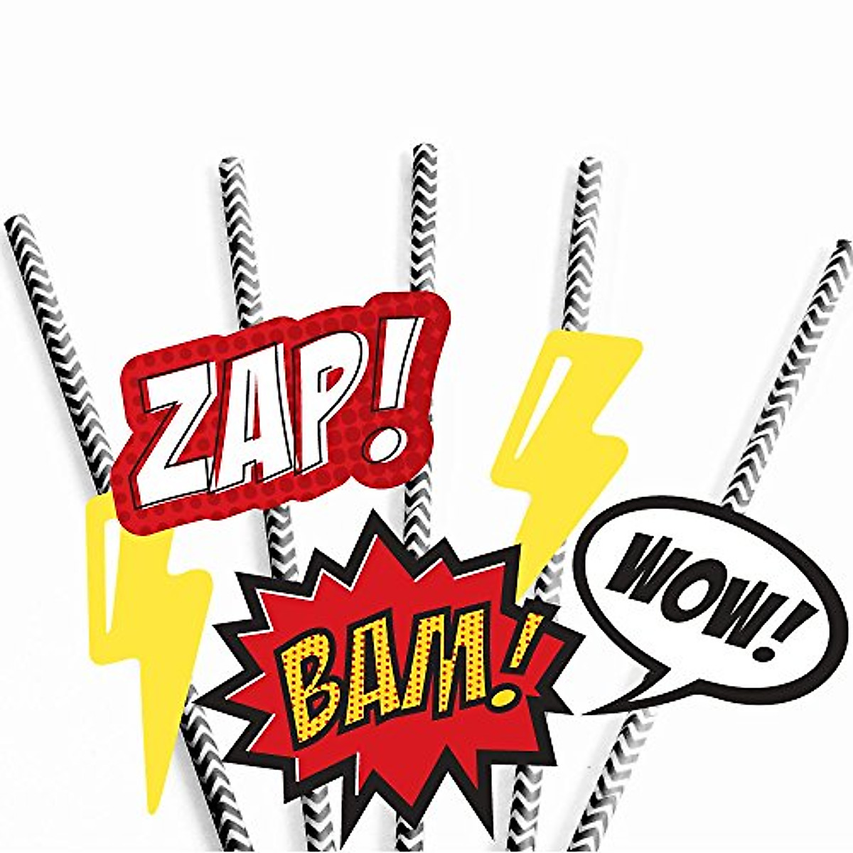 Big Dot of Happiness Bam Superhero Paper Straw Decor - Baby Shower or Birthday Party Striped Decorative Straws - Set of 24